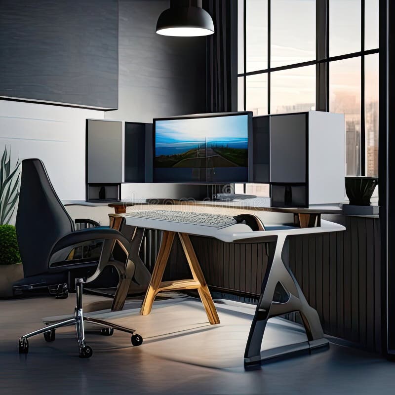 Modern Office Computer Screen and a Black Chair Stock Illustration ...