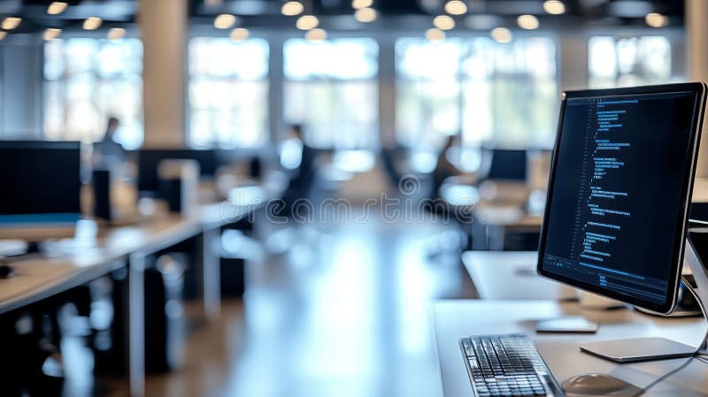 Modern Office with Computer Screen Displaying Code in a Collaborative ...