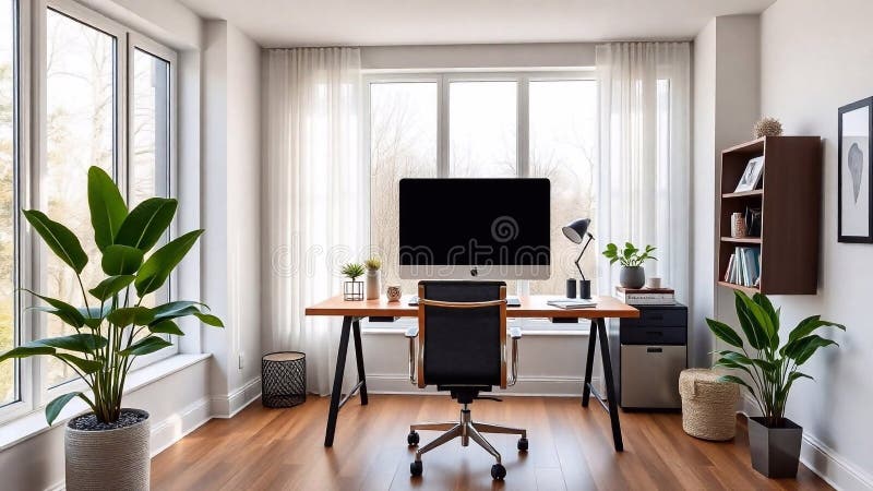 Modern Office with Computer on Desk Stock Illustration - Illustration ...