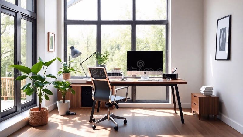 Modern Office with Computer on Desk Stock Illustration - Illustration ...