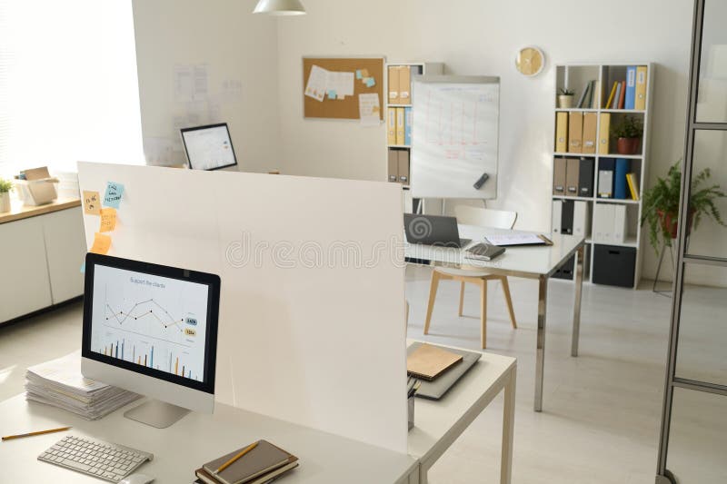 Modern Office with Computers on Desks Stock Photo - Image of desk ...