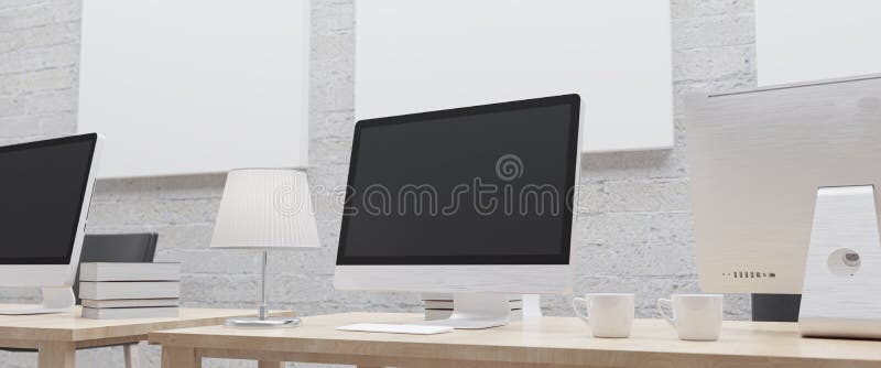 Modern Office with Computers Mockup. Black Screen Stock Illustration ...