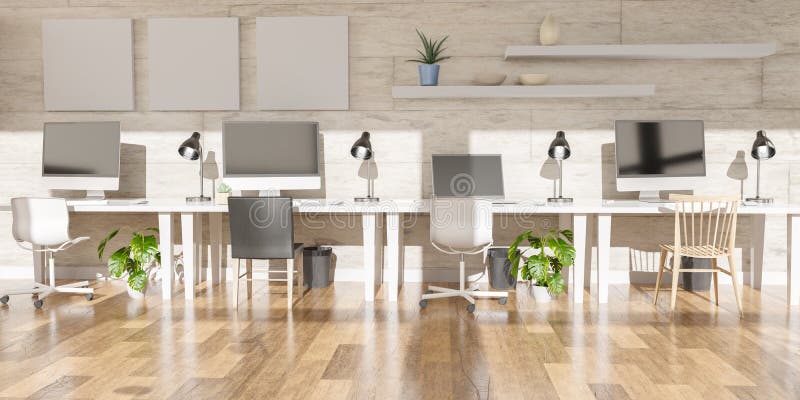 Modern Office with Computers Mockup. Black Screen Stock Illustration ...