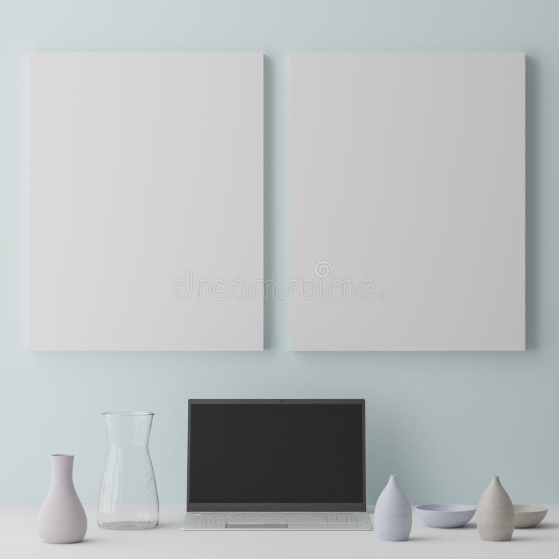 Modern Office with Computers Mockup. Black Screen Stock Illustration ...