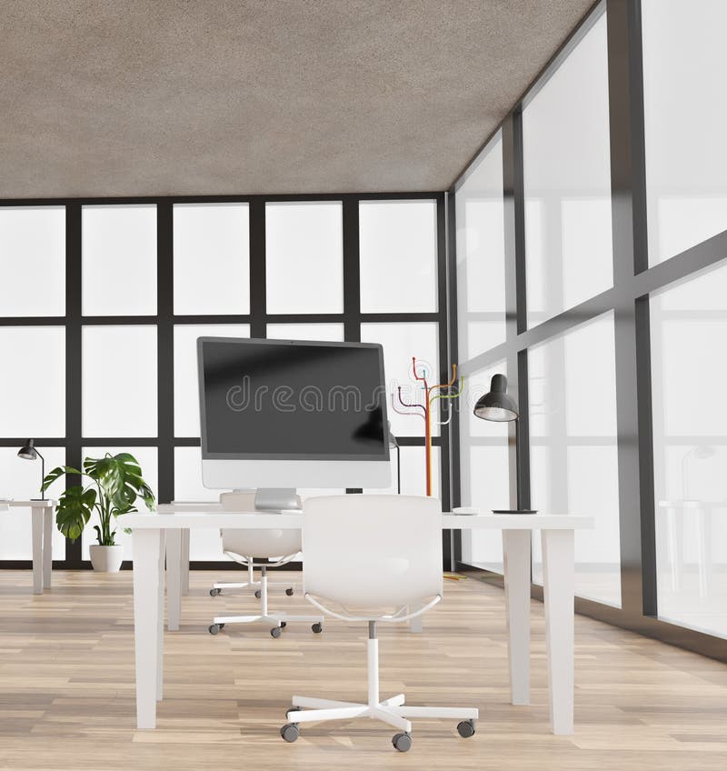 Modern Office with Computers Mockup. Black Screen Stock Illustration ...