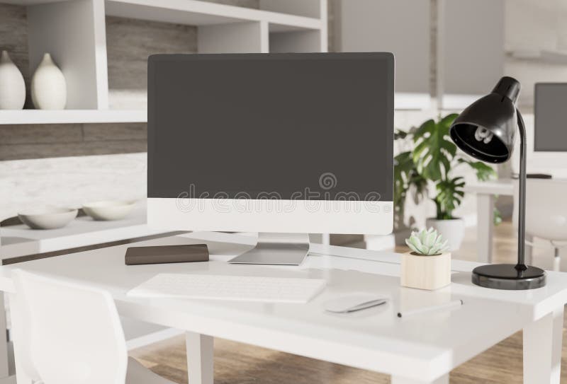 Modern Office with Computers Mockup. Black Screen Stock Illustration ...