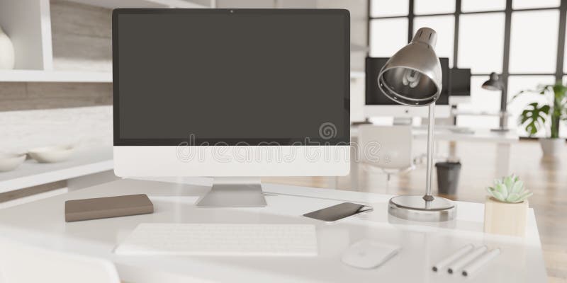 Modern Office with Computers Mockup. Black Screen Stock Illustration ...