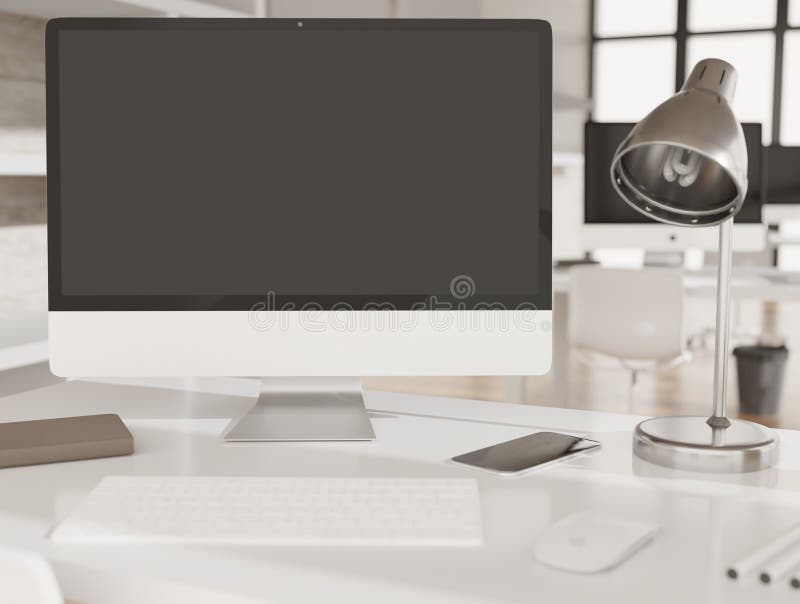 Modern Office with Computers Mockup. Black Screen Stock Illustration ...