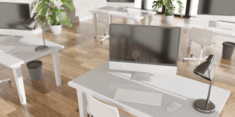 Modern Office with Computers Mockup. Black Screen Stock Illustration ...