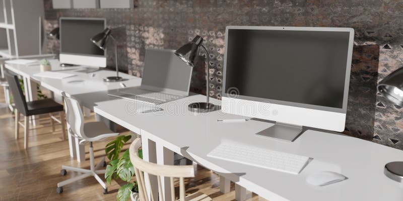 Modern Office with Computers Mockup. Black Screen Stock Illustration ...