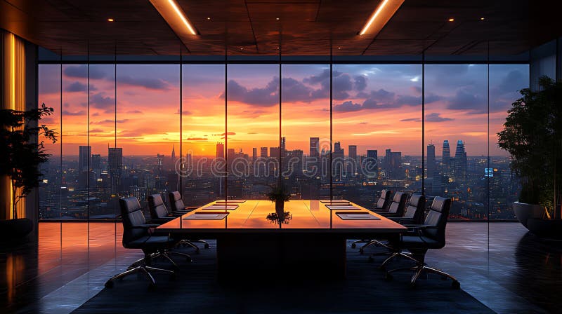 A Modern Office Conference Room with a Panoramic View of a City Skyline ...