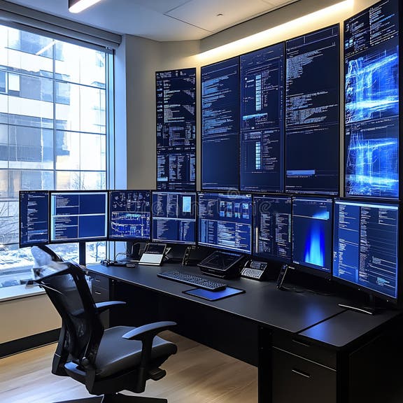 Modern Office Control Room Featuring Multiple Monitors Displaying Data ...