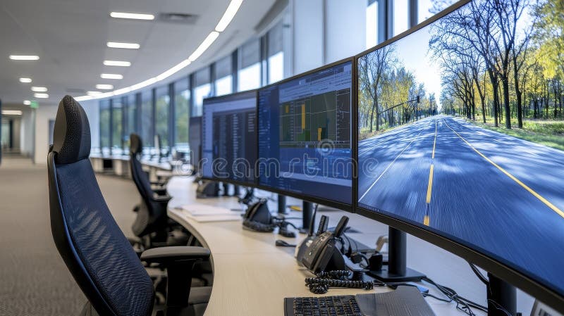 Modern Office Control Room with Multiple Large Monitors Displaying Data ...