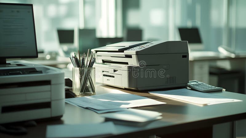Modern Office Copier and Supplies in Sunlit Workspace Stock Image ...