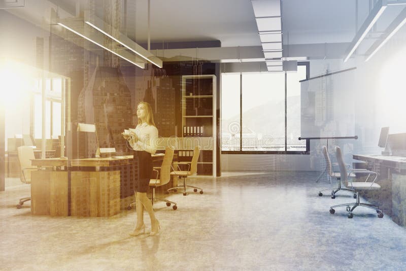 Black Wall Open Space Office Corner, Screen, Woman Stock Image - Image ...