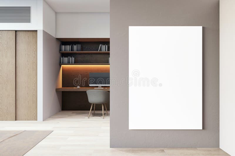 Modern Office Corner with Blank Vertical Poster on Wall. 3D Rendering ...