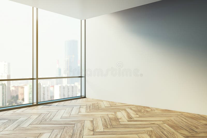 Modern Office Corner with Window and Blank Wall for Creative Mockup ...