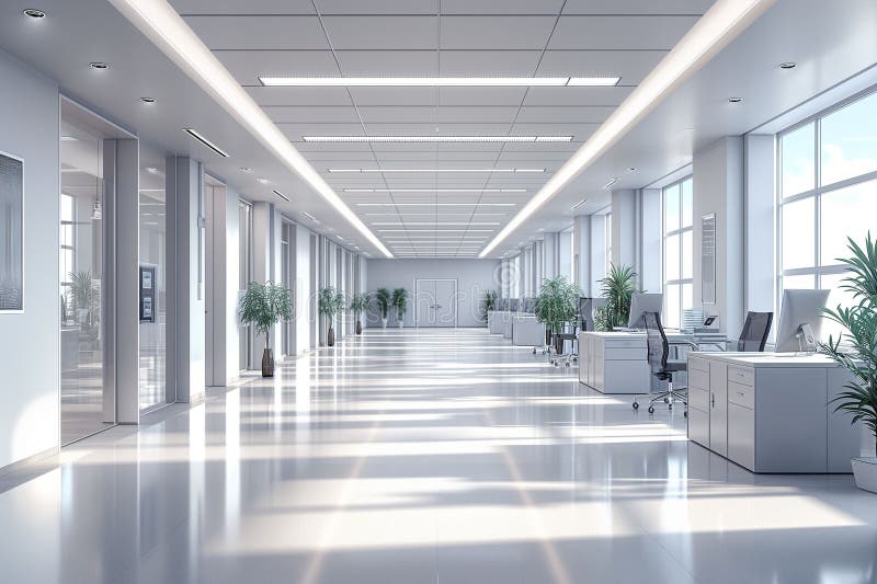 Modern Office Corridor with Bright Lighting and Window Views Stock ...
