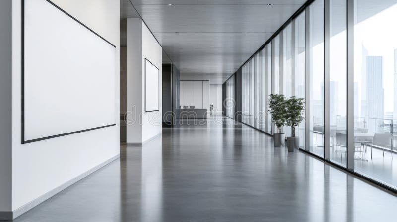 Modern Office Corridor with City View Stock Illustration - Illustration ...