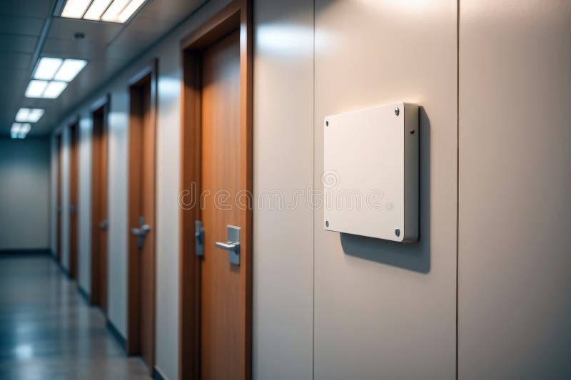 Modern Office Corridor with Closed Doors and Blank Signage on Wall in a ...