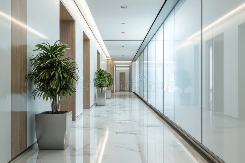 Modern Office Corridor with Elegant Design, Glass Walls, and Greenery ...