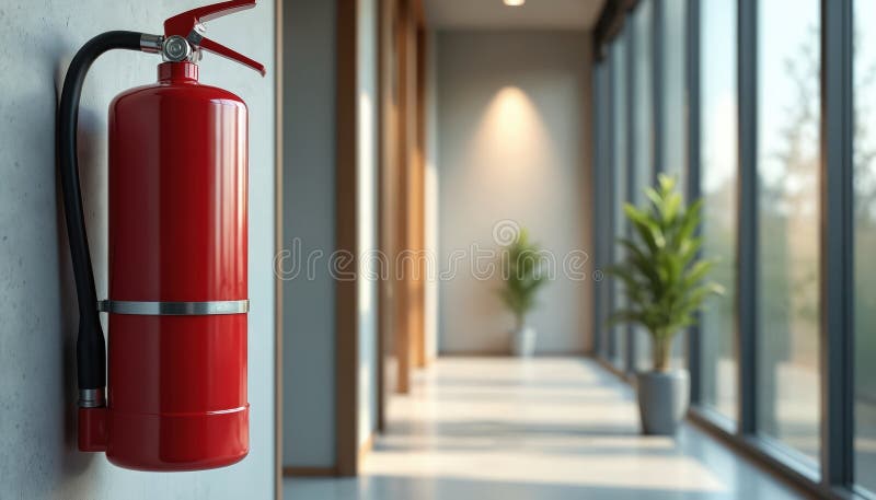 Modern Office Corridor Features Mounted Red Fire Extinguisher on ...