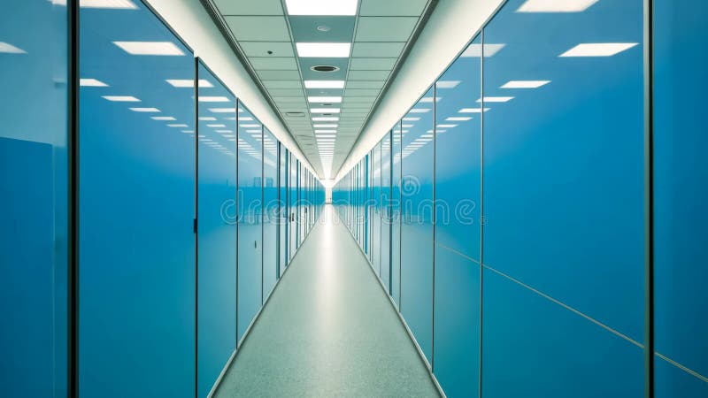 A Modern Office Corridor Featuring Glass Partitions Showcases an Open ...