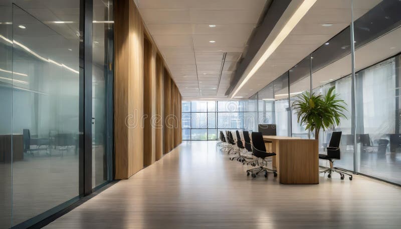 Modern Office Corridor Featuring Sleek Contemporary Design, Long ...