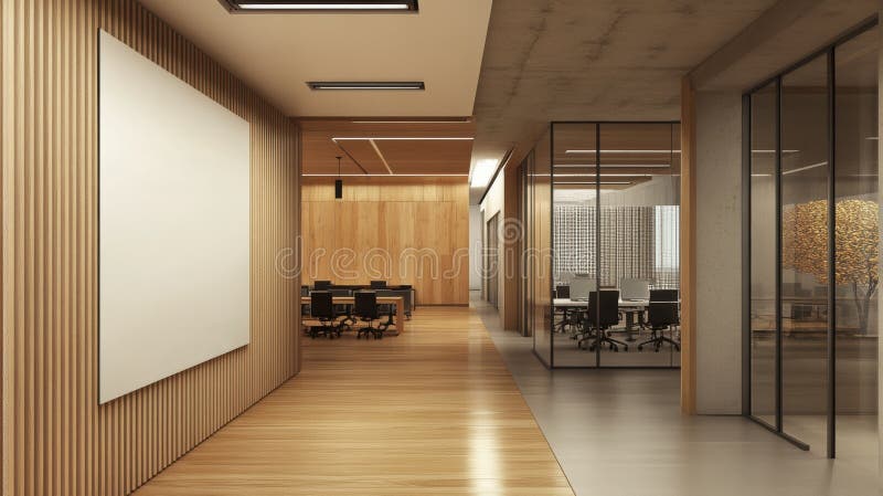 Modern Office Corridor Featuring Wooden Panels and Glass Partitions ...