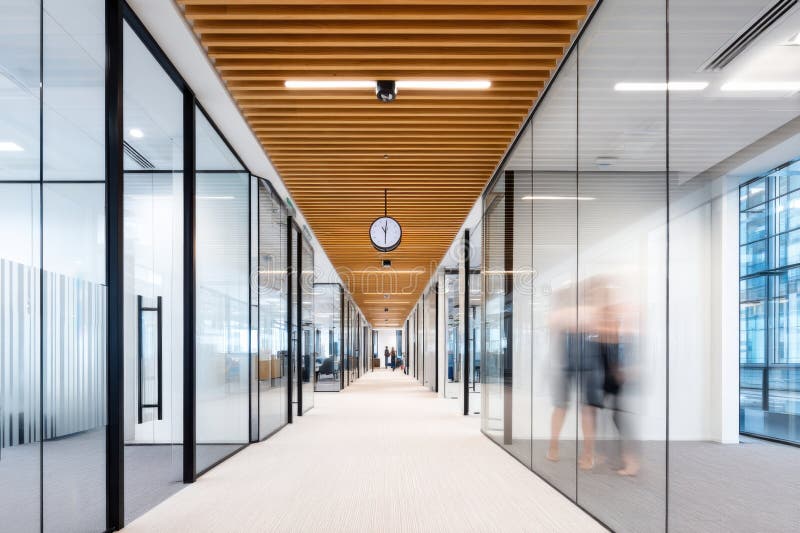Modern Office Corridor with Glass Partitions and Light Wood Ceiling ...
