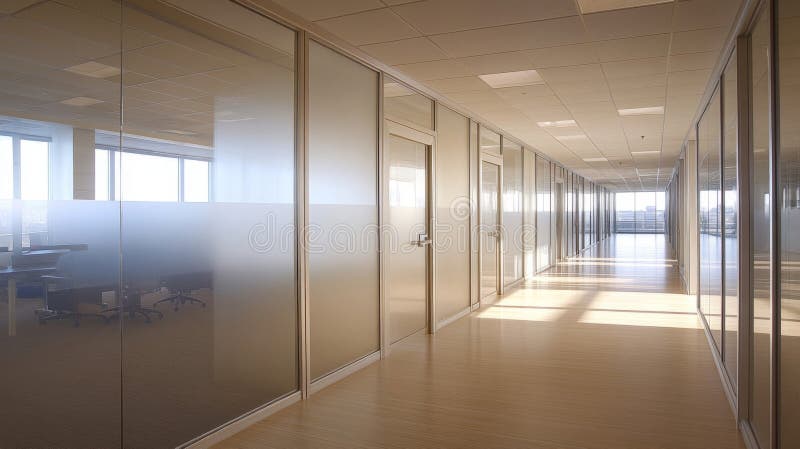 Modern Office Corridor with Glass Partitions and Sunlight Stock ...
