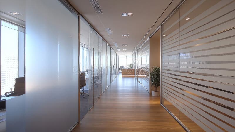 Modern Office Corridor with Glass Partitions and Wood Floor Stock ...