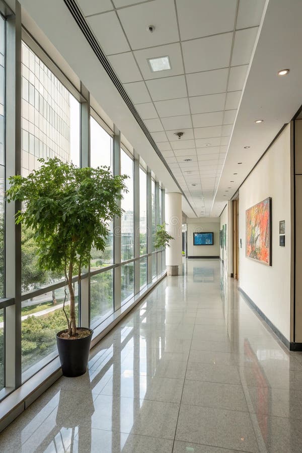 Modern Office Corridor with Green Tree Outside the Window Stock ...