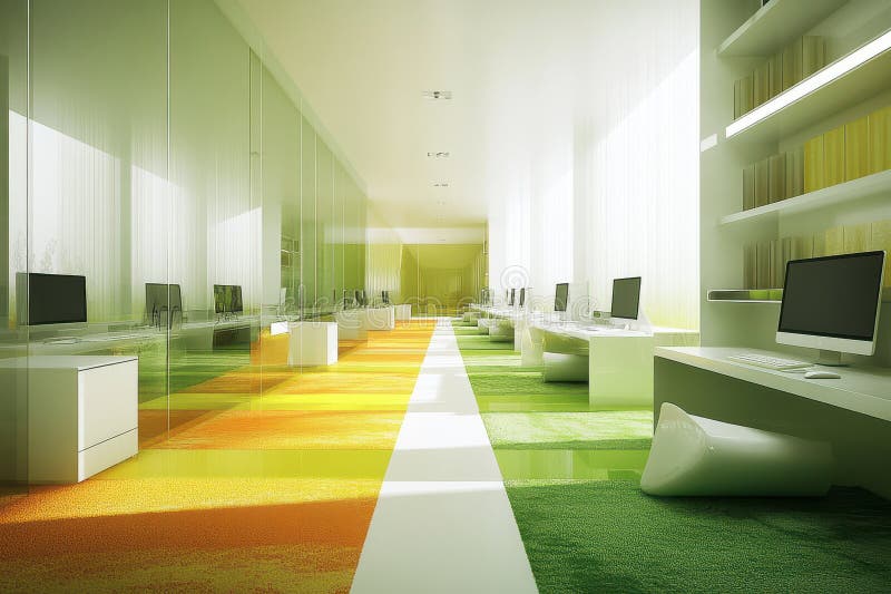Modern Office Corridor Green Yellow Design Workspace Stock Illustration ...