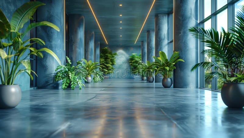 Modern Office Corridor with Large Windows and Green Plants, Creating a ...