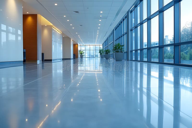 Modern Office Corridor with Large Windows and Reflective Floor for ...