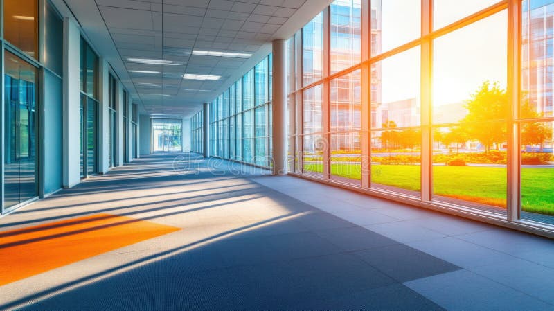 Modern Office Corridor with Large Windows and Sunlight. AI Generated ...