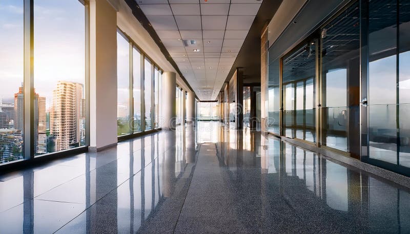 Modern Office Corridor with Reflections. 3D Rendering Stock ...
