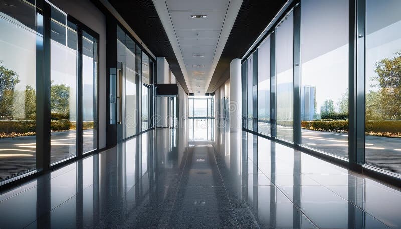 Modern Office Corridor with Reflections. 3D Rendering Stock ...