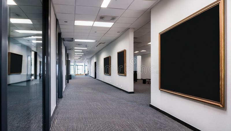 Modern Office Corridor with Reflections and Empty Black Mock Up Frames ...