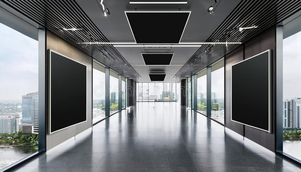 Modern Office Corridor with Reflections and Empty Black Mock Up Frames ...