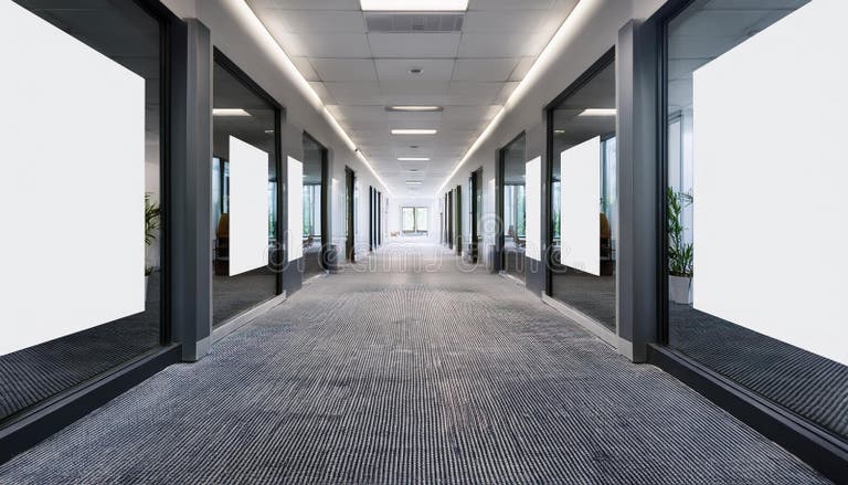 Modern Office Corridor with Reflections and Empty White Mock Up Frames ...