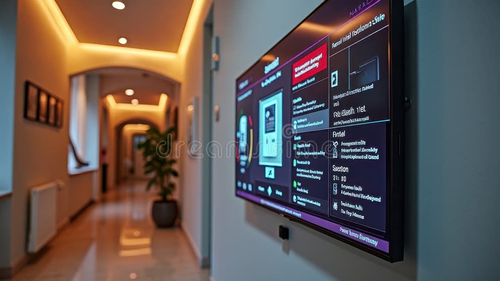 Modern Office Corridor with Wall-mounted Smart Screen Displaying ...