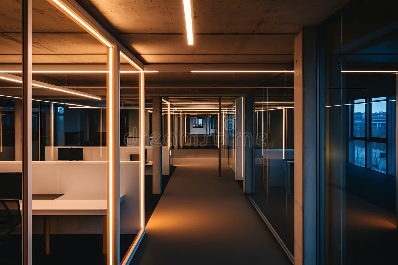 Modern Office Corridor with Warm Lighting and Glass Partitions ...