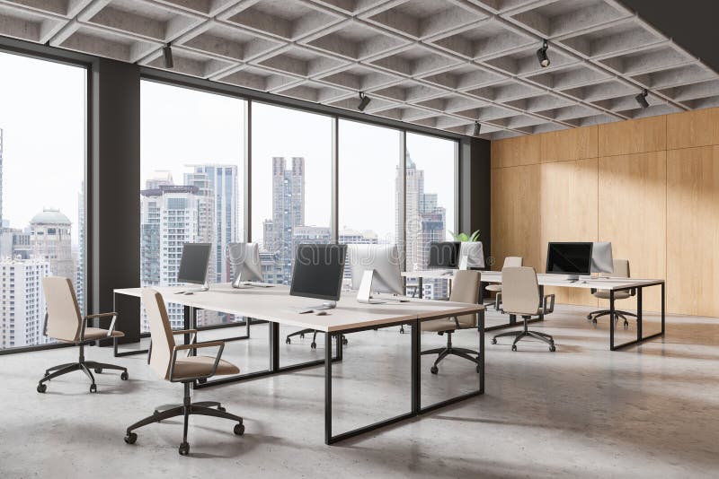 Modern Office Coworking Interior with Pc Desktops on Tables, Panoramic ...