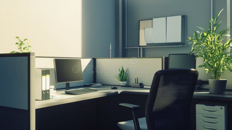 Modern Office Cubicle with Computer, Plants, and Natural Light Stock ...