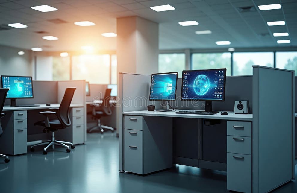 Modern Office Cubicle with Computers. Empty Workspace. Tech, Design ...