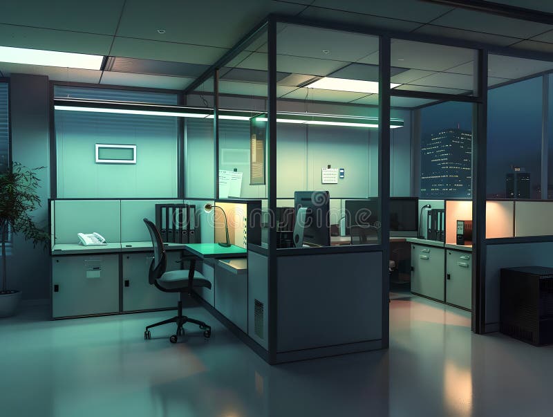 Modern Office Cubicle at Night with Ambient Lighting. Quiet Work ...