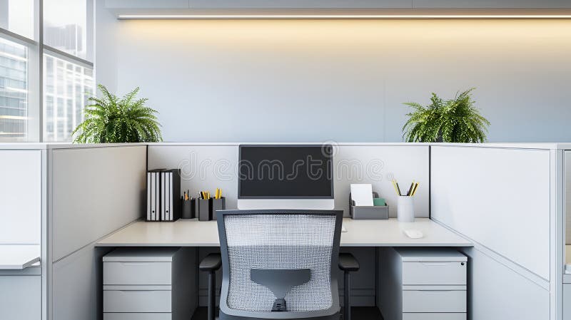 Modern Office Cubicle Setup with Greenery Providing a Tranquil ...