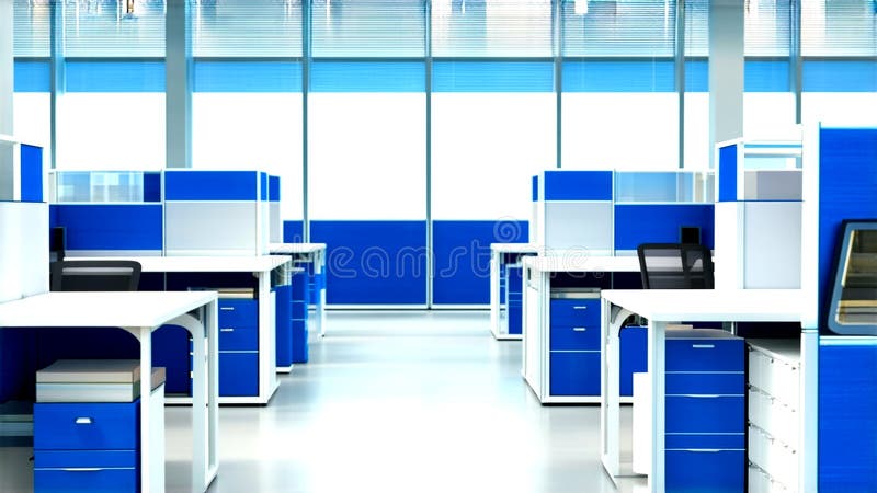 Modern Office Cubicles with Blue and White Partitions Stock ...